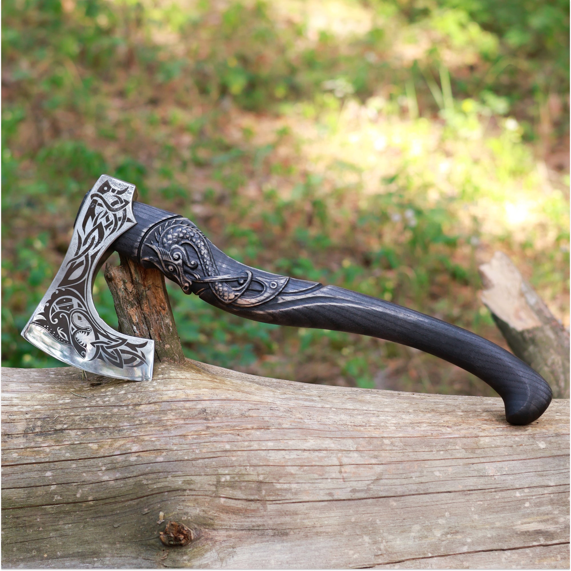 Hand-forged hardened bearded viking axe "Fenrisulfr" with carved handl