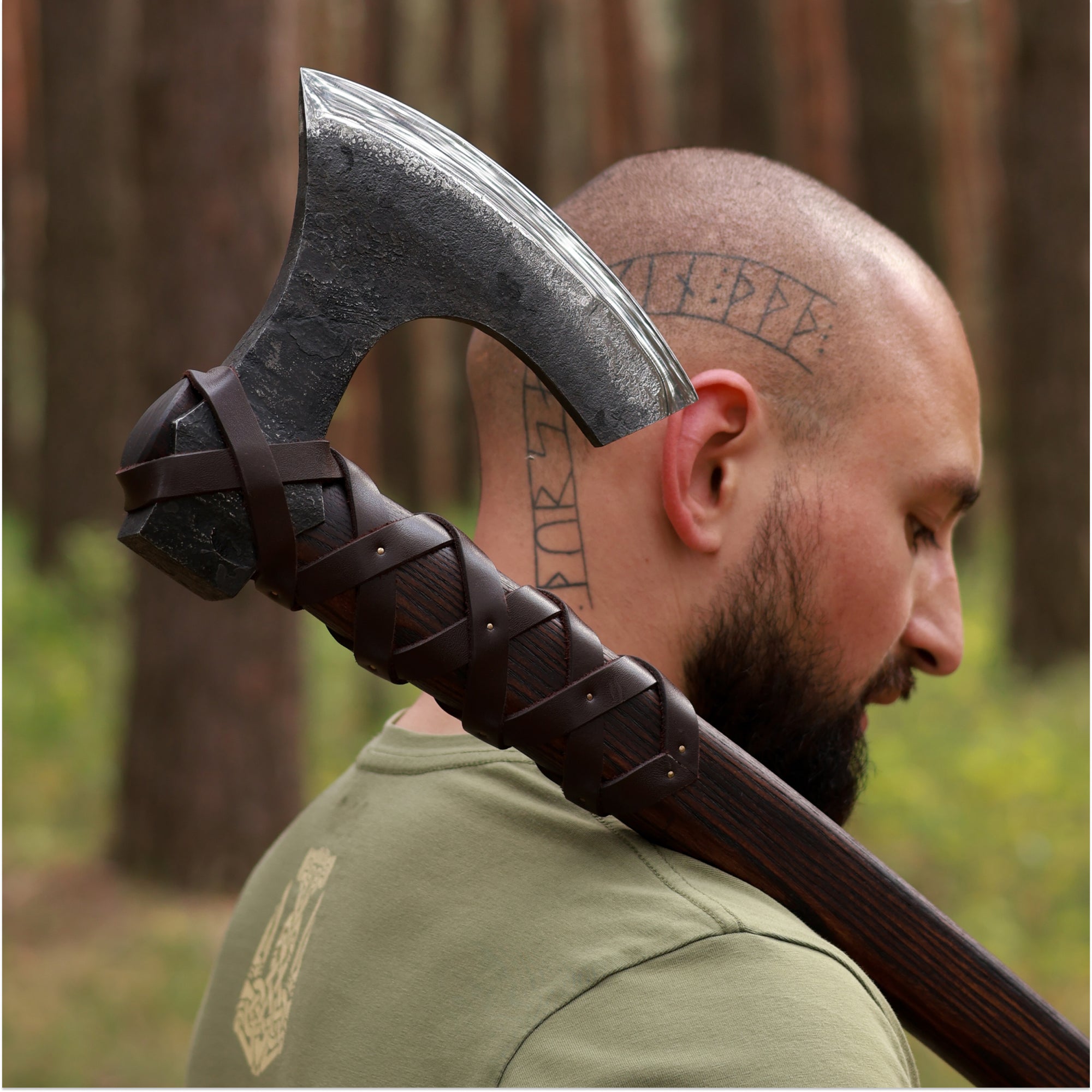 Viking long axe "Ragnar Lodbrok" with carving handle and leather wrap