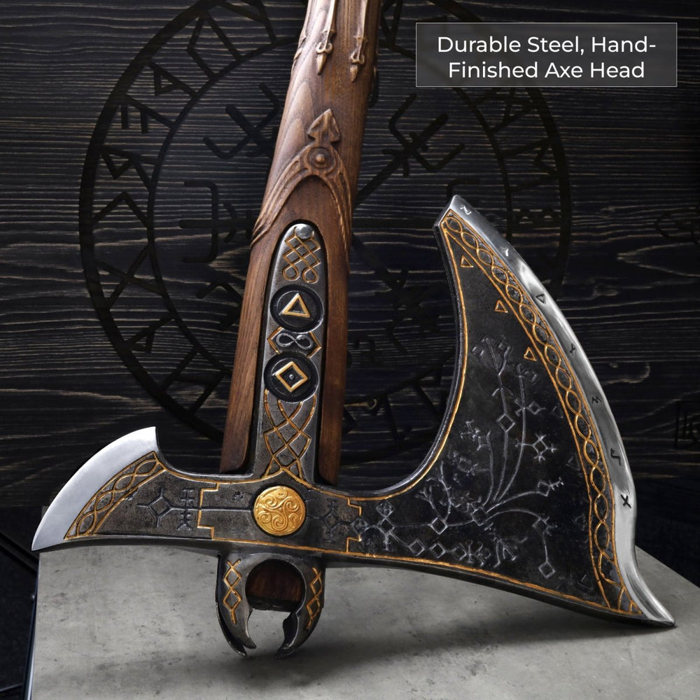 Handcrafted Leviathan axe with leather cover and glow in the dark rune