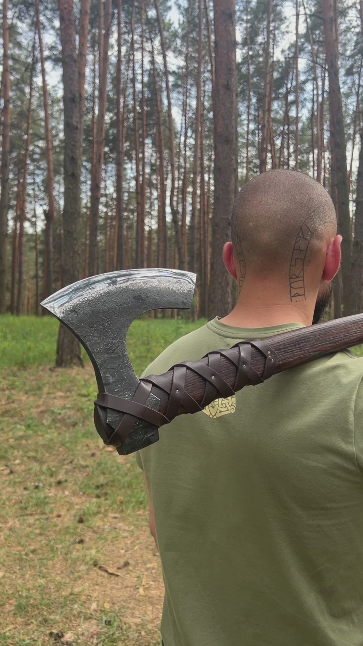 Viking long axe "Ragnar Lodbrok" with carving handle and leather wrap