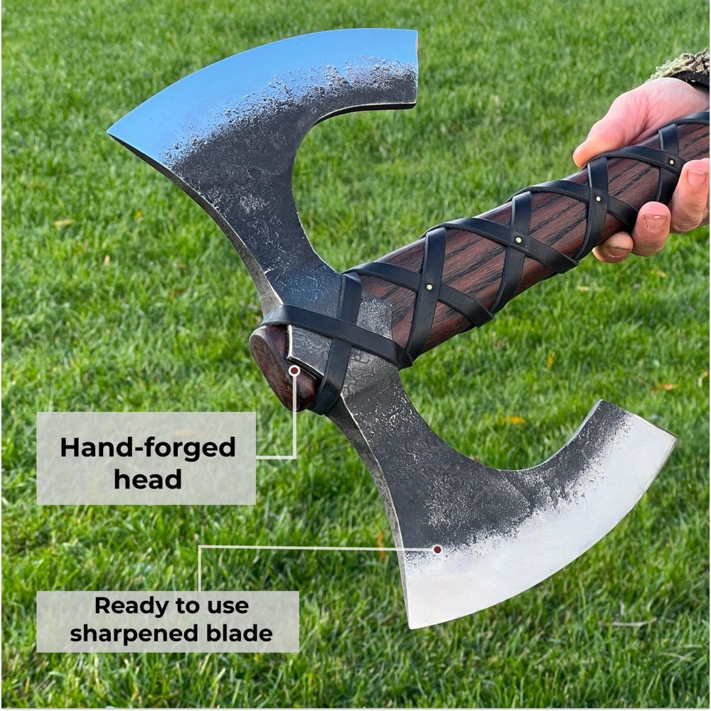 Viking Double-Edged Axe with carved runes | Long axe hatchet